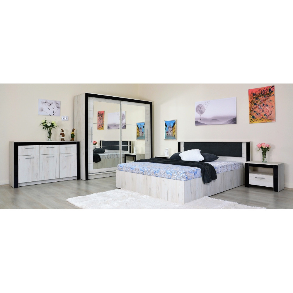 Dormitor Ebon kraft, pat 160x200, dulap usi culisante, comoda, 2 noptiere, suport saltea si ...